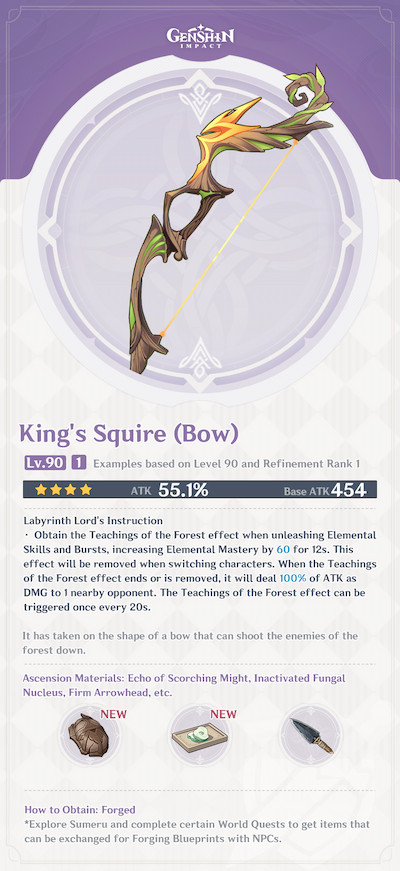 Genshin Impact: King's Squire Bow – How to get it, stats, and ascension materials - Gamepur